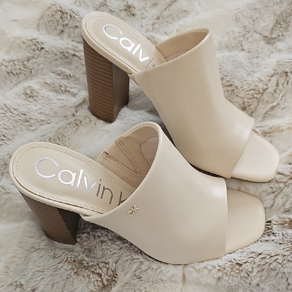 Calvin Klein | Shoes | Calvin Klein Cream Mules With Block Heel | Poshmark